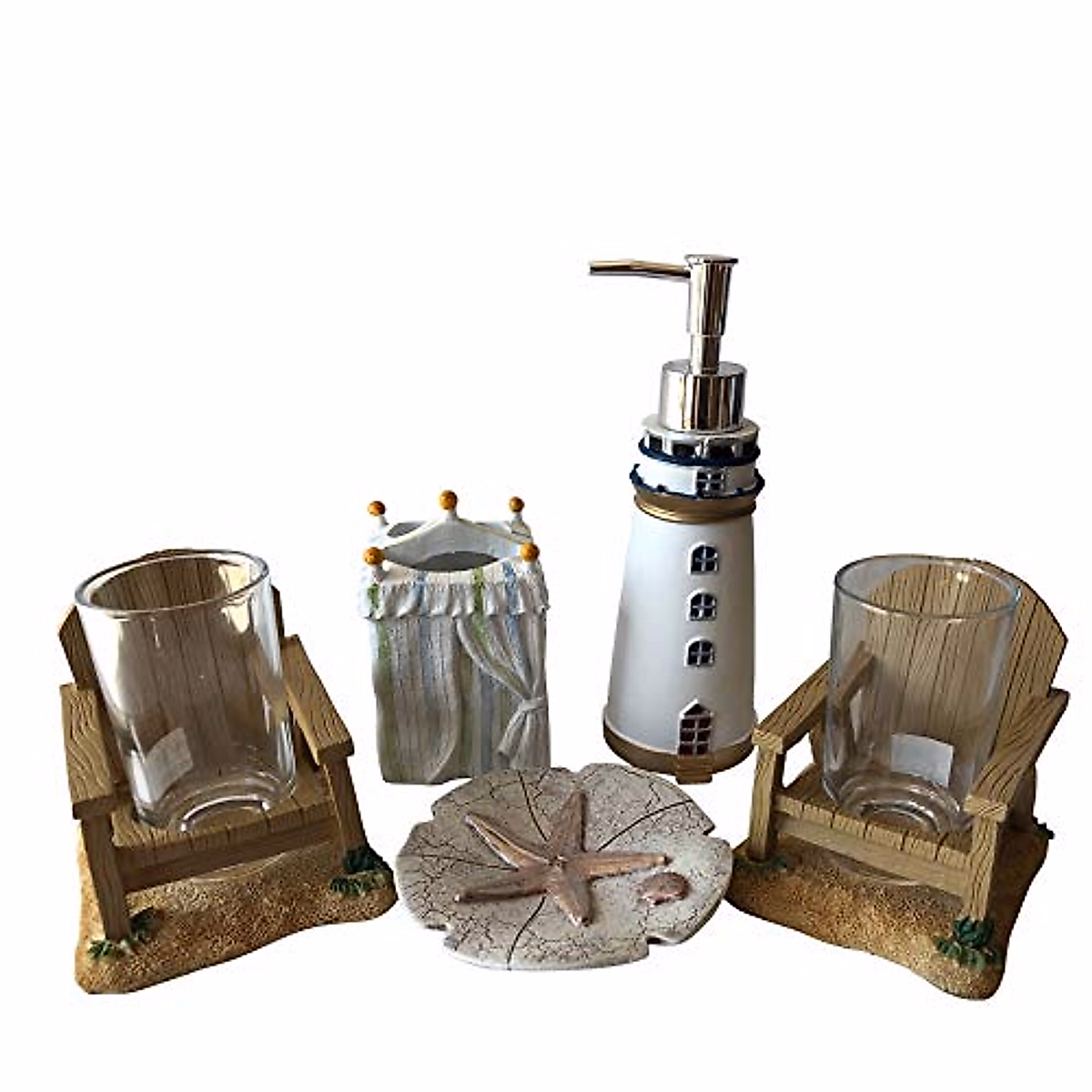 RuShi Nautical Bathroom Accessory Set, 5 pcs; 1 Lighthouse Hand Soap Holder; 1 Beach Tent Toothbrush Container; 2 Beach Chairs Glass Holders and 1 Starfish Themed soap Dish