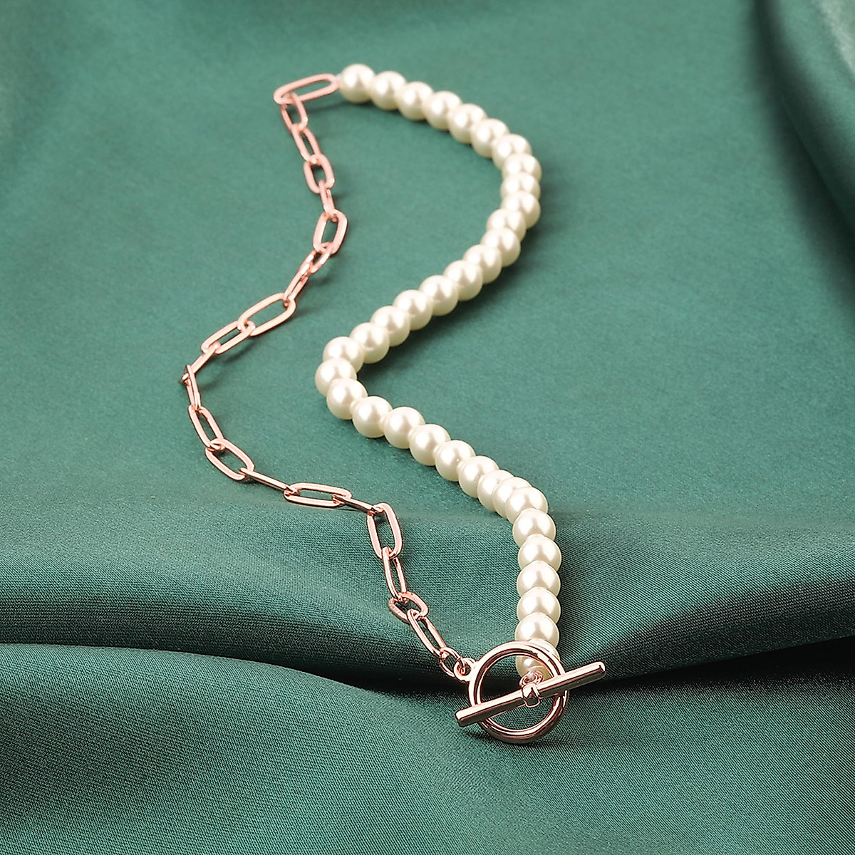 MJartoria Pearl Choker Necklace, 14K Gold Plated Paperclip Chain Necklace for Women, Toggle Clasp, Dainty Half Pearl Half Chain Necklace Trendy Jewelry Birthday Gifts