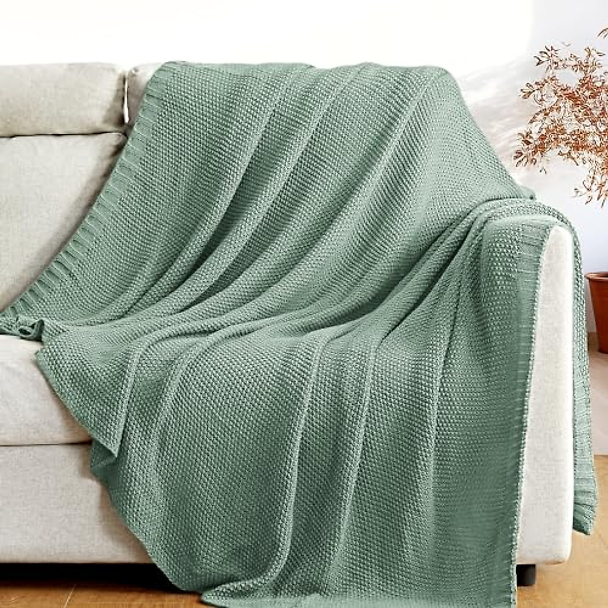 Touchat Throw Blanket for Couch, Chunky Cable Knit Blanket Textured Throw Blanket, Thick Acrylic Blanket Super Cozy Warm Decorative Farmhouse Knitted Blankets for Bed Sofa Living Room(Sage, 50''x60'')