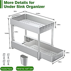 Under Sink Organizers and Storage 2 Pack, ZOMILB Bathroom Organizer 2-Tier Sliding Kitchen Cabinet Organization with Hook, Hanging Cup, Multi-purpose Under Sink Shelf Organizer for Home Storage, White