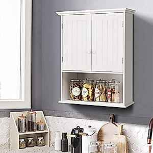 GOFLAME Bathroom Wall Cabinet, 2-Door Toilet Cabinet with Hanging Design, Wooden Medicine Cabinet with Height Adjustable Shelf, Wall Mount Cabinet with Large Storage Space (White)