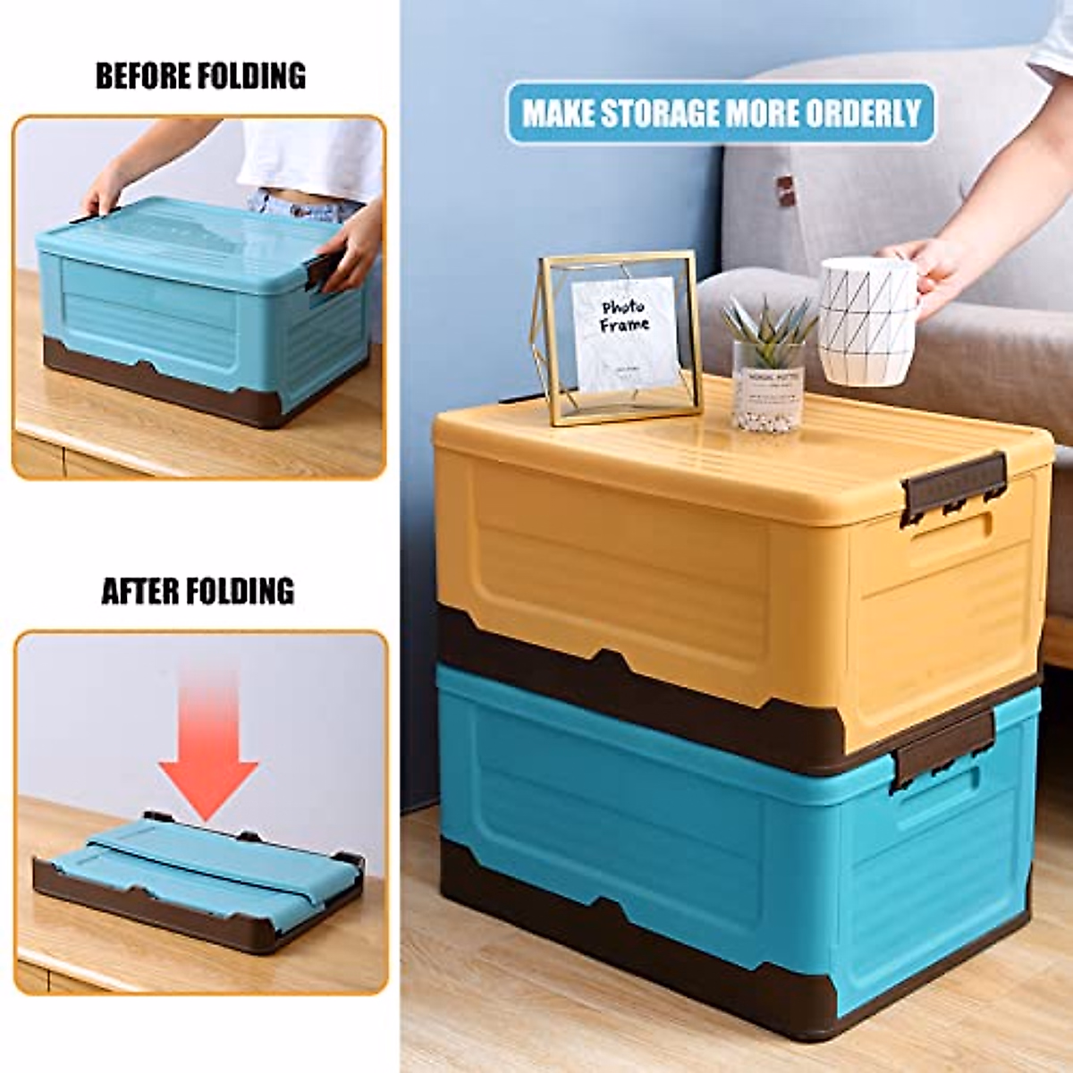 ORIJOYNA Collapsible Storage Bins with Lids 8Gal Folding Plastic Stackable Utility Storage Container Heavy Duty withstand 60Lbs Multifunctional Storage Box for Grocery,Books,Clothes,Shoes(30L,Yellow)