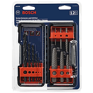 BOSCH BSPE6D 12-Piece Assorted Set Spiral Flute High-Carbon Steel Screw Extractor & Black Oxide Drill Bits Ideal for Removing Stripped Screws, Bolts, Fasteners