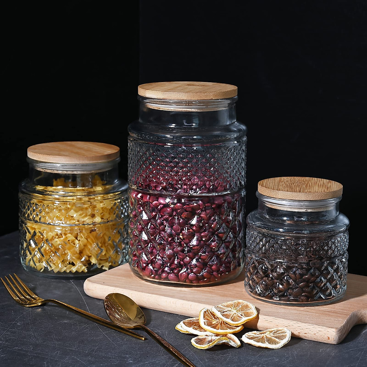 Glass Storage Jars, Kitchen Food Containers with Bamboo Lids, Airtight Embossed Mason Jar, Decorative Cereal Canisters for Candy Snack Cookies Coffee Tea Nuts Bean Countertop(Set of 3,20/40/60)