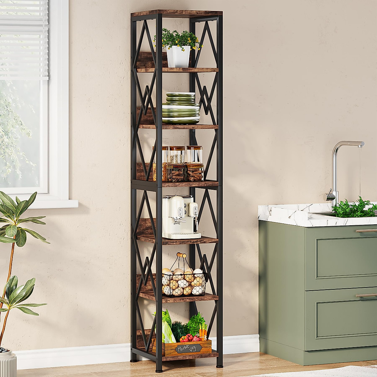 Tribesigns 6-Tier Bookshelf Storage Shelves: 75 Inches Tall Narrow Bookcase with Heavy Duty Metal Frame, Skinny Open Storage Display Rack for Living Room, Bedroom, Kitchen, Bathroom, Brown