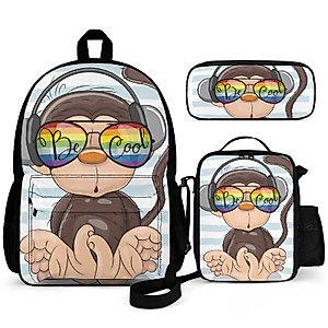 Delerain Cute Monkey 3 Pcs Backpack Set for Kids Back to School Bookbag with Lunch Box and Pencil Case Durable Lightweight Travel for Teens Students Boys Girls