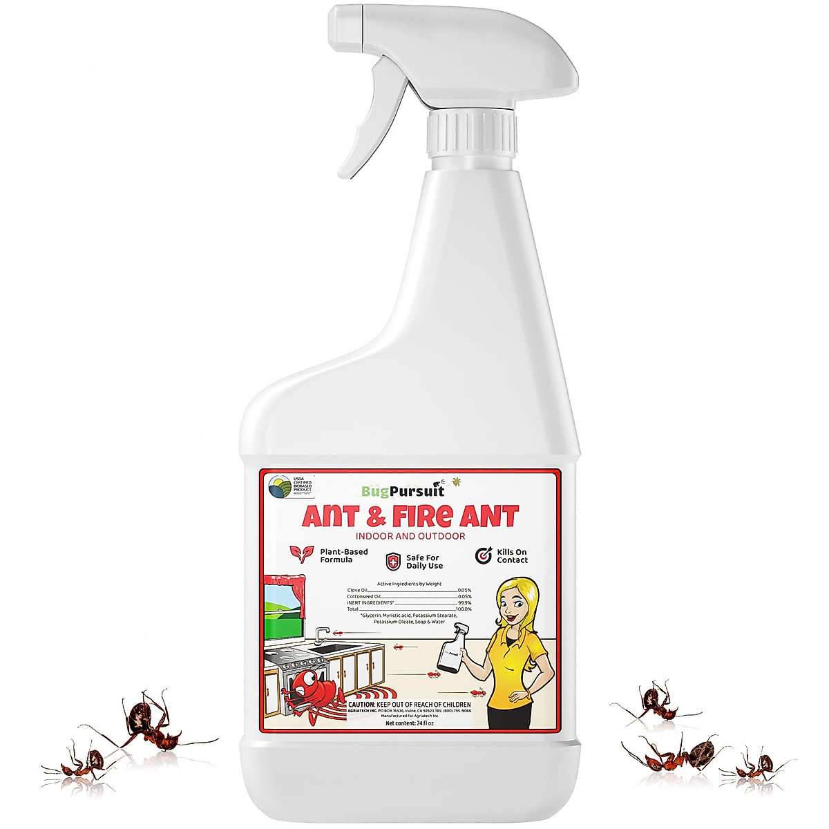 BugPursuit 24oz Ant Killer use for Indoor and Outdoor, Effective, Non-Staining, Ants,Fire Ants, and Other Insect Killer, Ant Spray Safe for Pets and Kids,Non-Toxic, 100% USDA Biobased, Made in USA