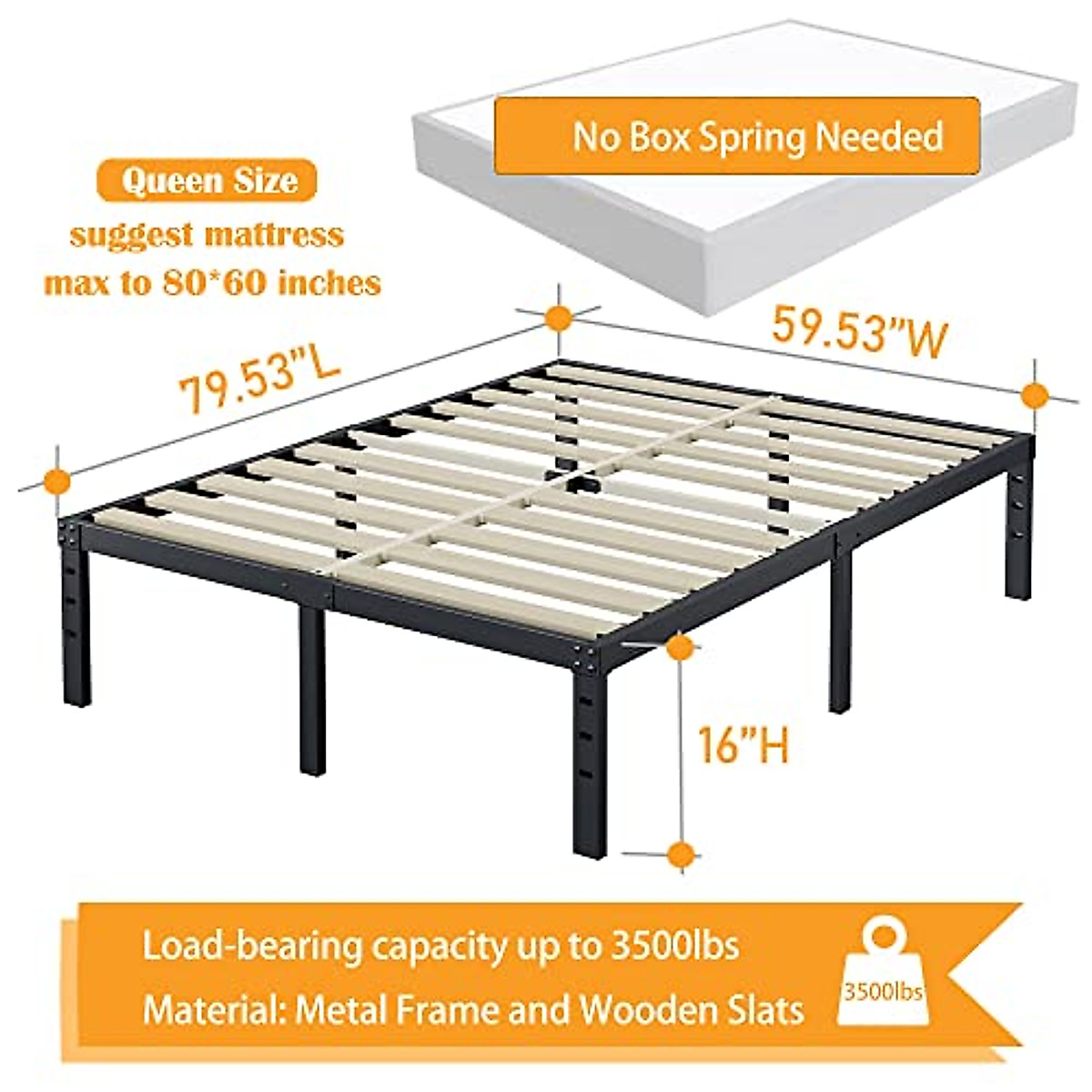 ZIYOO Queen Size Bed Frame 16 Inches High, 3 Inches Wide Wood Slats with 3500 Pounds Support for Foam Mattress, No Box Spring Needed, Heavy Duty Metal Platform Bed Frame, Easy Assembly, Noise Free