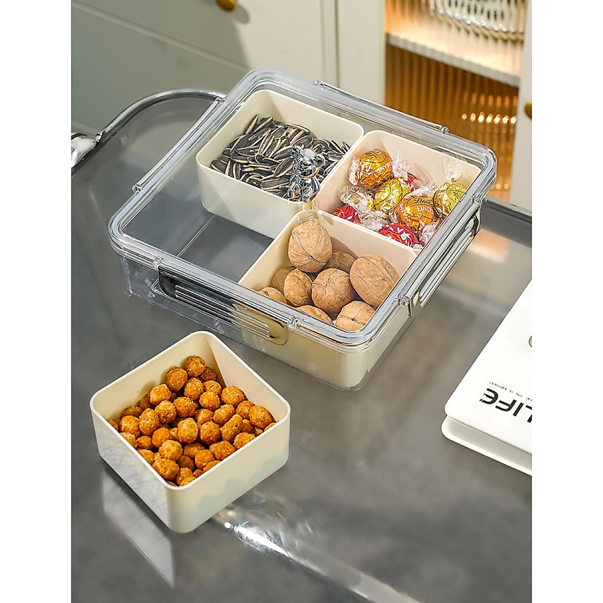 Beige Silver Square Plastic Divided Serving Tray with Lid, 4 Compartments Snack Tray Serving Platter for Biscuits, Fruit, Veggie, Candies and Hot Pot