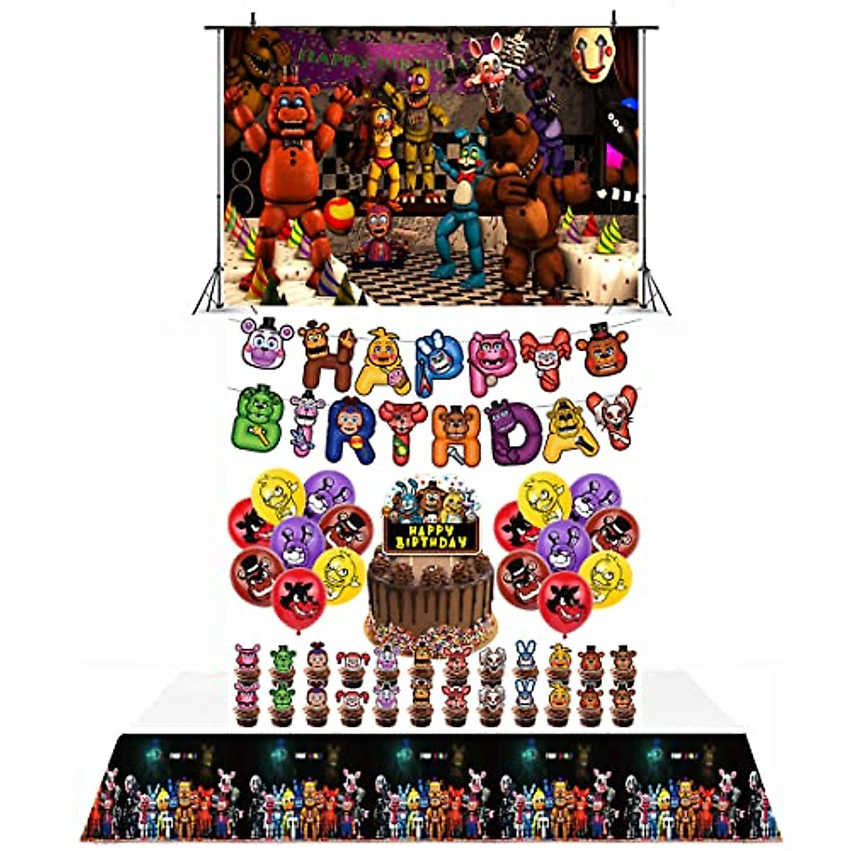Birthday Party Supplies, Five Nights at Freddy Includes Banner, Tablecloth, Cake Topper - 24 Cupcake Toppers - 20 Balloons and Backdrop