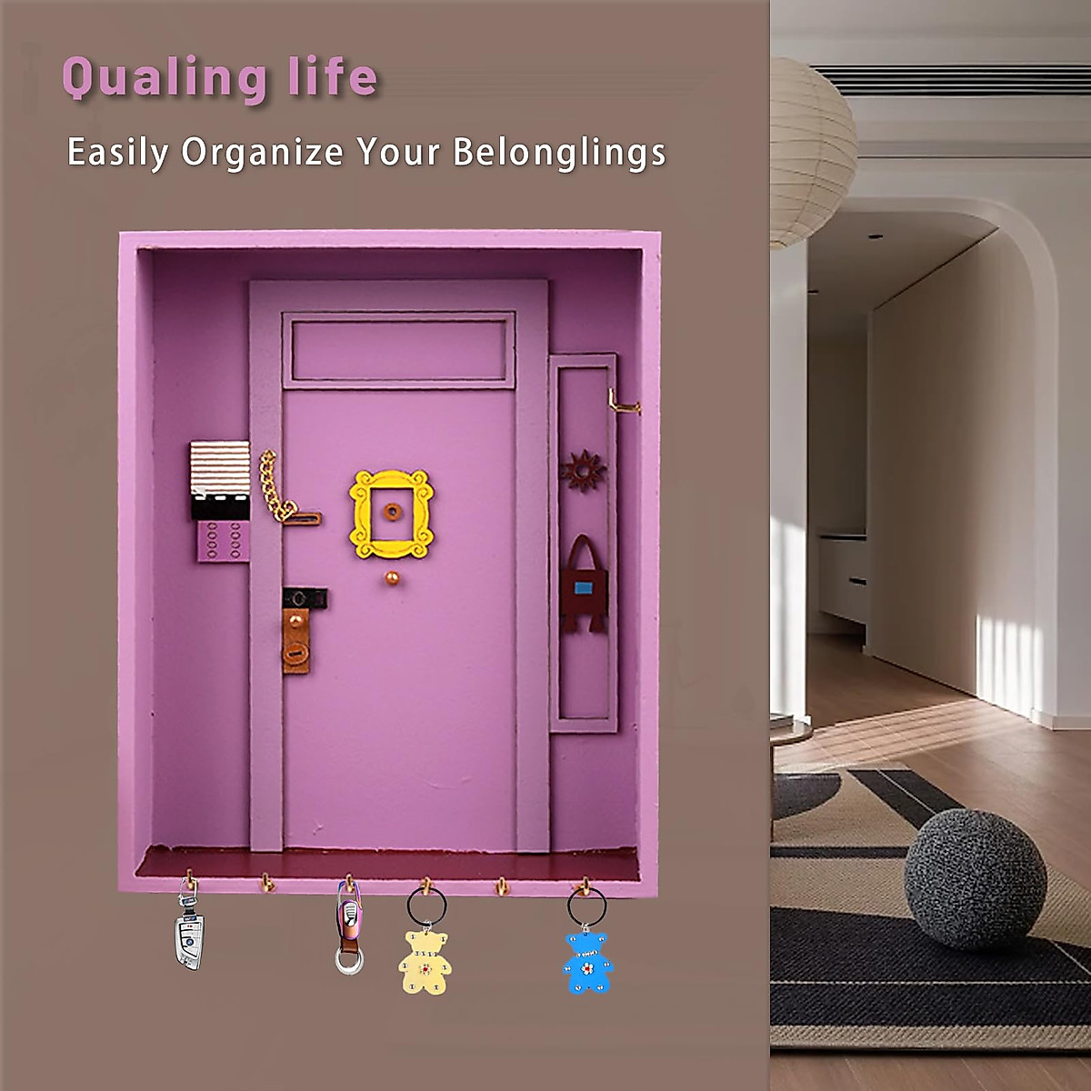 Qivine Friends Key Holder,Door Frame for Wall TV Show Merchandise Keychain Holder Door Hanger with 6 Metal Hooks for Wall Entryway,Bathroom,Living Room (Purple)