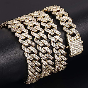 PY BLING 12mm Mens Women Heavy Iced Out Miami Cuban Link Chain or Bracelet 14K Gold White Rose Gold Plated CZ Lab Diamond Hip Hop Jewelry Necklace Choker with Gift Box (14k,22in)