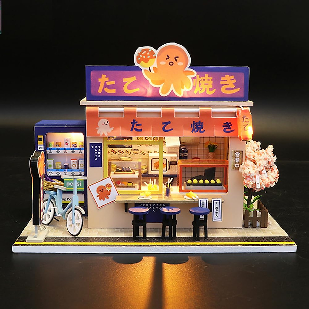 WYD Star Octopus Burning Japanese Style Takoyaki Shop Mini Doll House Kit Assembled LED Light Model Wind and Gift with Dust Cover and Music