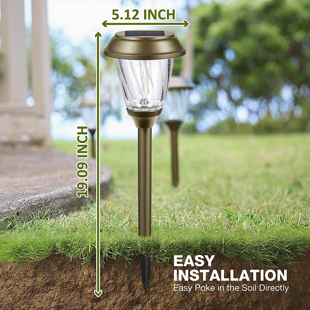 XMCOSY+ Solar Lights Outdoor Waterproof, 6 Pack Solar Pathway Lights 10-25 LM Dimmable Auto On/Off Garden Lights Solar Powered IP65 Waterproof, Stainless Steel Glass LED Landscape Lighting for Yard