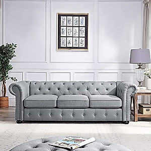 Corvus Aleksis Tufted Chesterfield 3-Seater Sofa with Rolled Arms Dark Grey Wood, Fabric Nailheads, Removable Cushions