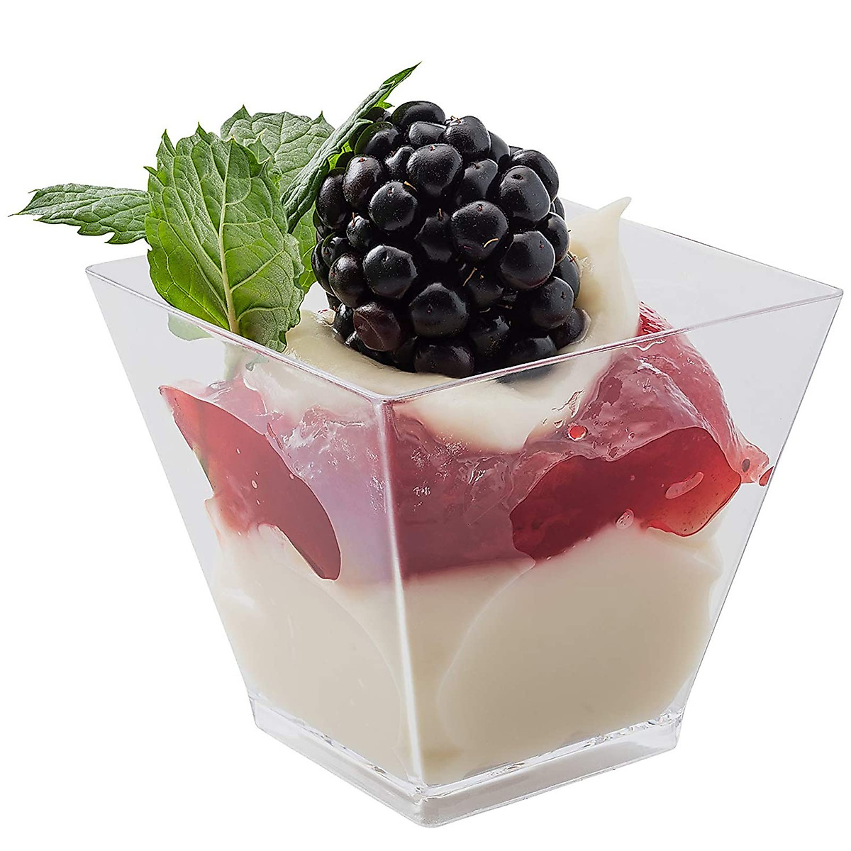 Tosnail 100 Pack 2 Oz Mini Clear Plastic Dessert Tumbler Cups with 100 Dessert Spoons, Square Parfait Appetizer Cups for Event and Party Serving