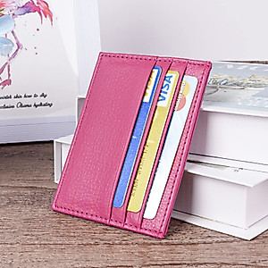 URAQT Leather Wallet, RFID Blocking Minimalist Card Holder, 6 Card Slots & 1 Pocket, Front Pocket Wallets for Men & Women (Rose Red)