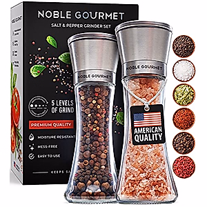 Salt & Pepper Grinder Set of 2 - Refillable Mills & Shakers - For Pink Himalayan & Sea Salt, Black Peppercorn, Spices - Stainless Steel, Large Glass - Adjustable Ceramic Coarse - Premium Gift Box Pack