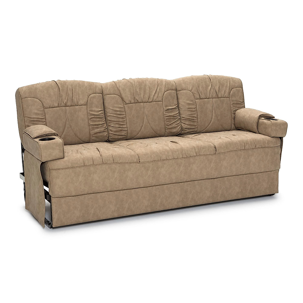 Qualitex Belmont 68" RV Sofa Bed, Ultimate Leather, Full Size Bed, w/Cupholders, Removable, Slide-Out Arms, Fawn