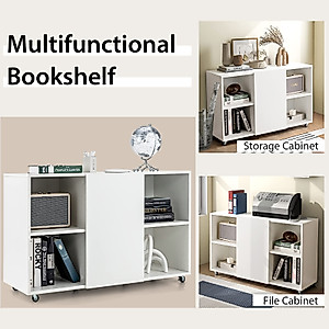 IFANNY Lateral File Cabinet, Wood Storage Cabinet with Doors and Shelves, Kitchen Buffet Sideboard with 6 Universal Wheels, Modern Printer Stand, Mobile Filing Cabinets for Home Office (White)