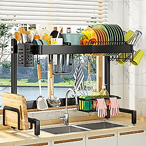 SAYZH Over The Sink Dish Drying Rack, Dish Drying Rack Auto-Drain Expandable (19.9 to 34 inch) 2-Tier Kitchen Counter Dish Drainer Rack with Metal Steel Utensil Cup Holder Sink Caddy, Black