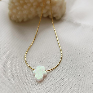 Delicate 14K Gold Filled Opal Hamsa Choker Necklace - Designer Handmade Minimalist Collar with Small White Hand - 13.5 inch + 3 inch extending chain