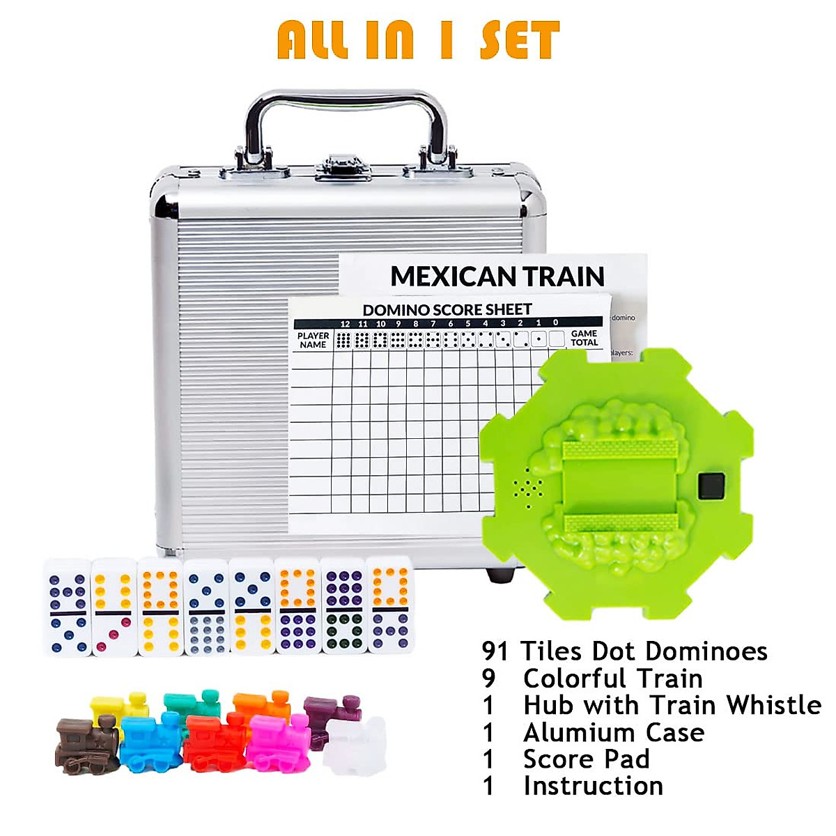 Yinlo Mexican Train Dominoes Set with Sound Effects, Mexican Train Dominoes Game for Travel, 91 Tiles Double12 Colored Dominoes Game Set with Aluminum Case