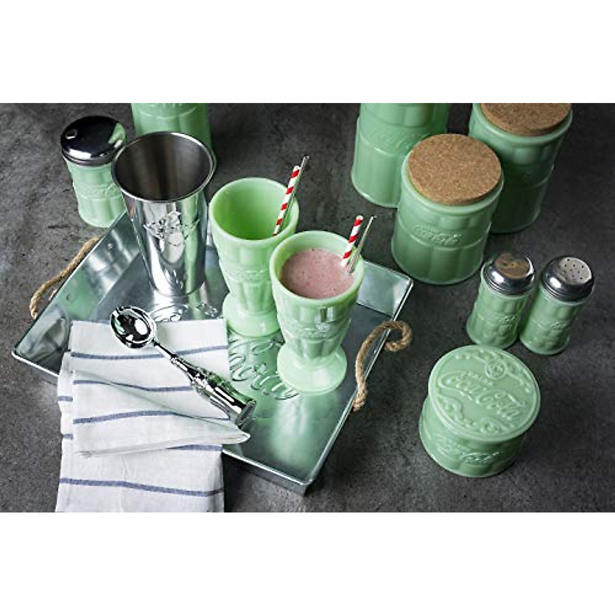 TableCraft's Coca-Cola Jadeite Salt & Pepper Shakers 2.5 x 2.5 x 4.75", Green