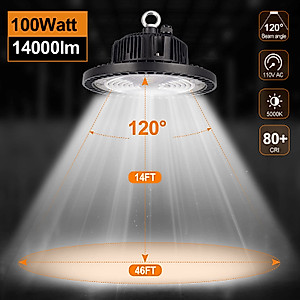 CT CAPETRONIX High Bay LED Lights, UFO LED High Bay Light 100W, 13,000LM (130lm/w) 5000K 400W HPS Equivalent, 5' Cable with AC85-265V Plug for Warehouse,Garage,Gym,Retail Stores.