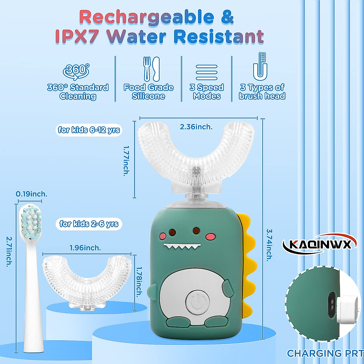 KAQINWX Kids Electric Toothbrushes, U Shaped Ultrasonic Toothbrush, Rechargeable Kids Toothbrush w/Smart Timer, 3 Brush Heads Replacement, 3 Clean Modes, IPX7 Water Resistant for Child 2-12
