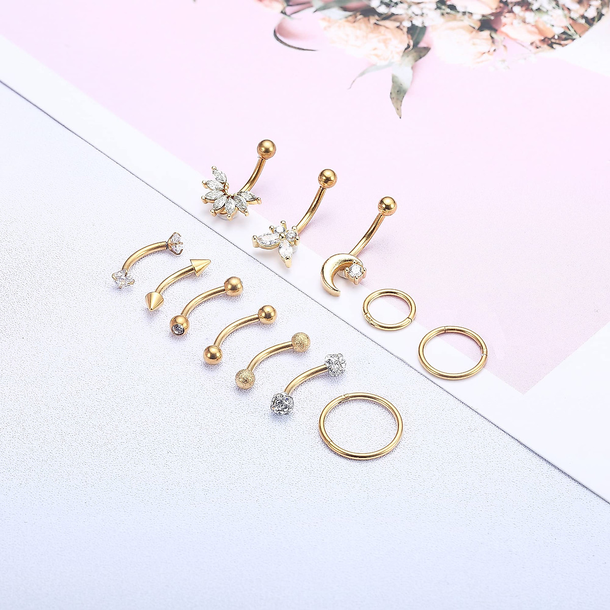 Ubjuliwa 12pcs 16G Rook Piercing Jewelry Eyebrow Rings Stainless Steel Belly Lip Ring Cartilage Hoop Rook Daith Earrings Tragus CZ Body Piercing Curved Barbell