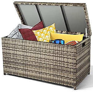 COSVALVE 130 Gallon Deck Box, Wicker Rattan Outdoor Storage Box, Patio Garden Furniture Container with Waterproof Cover for Outdoor Cushions & Pillows, Pool Toys, Garden Tools, Sports Equipment Supplies (Grey)
