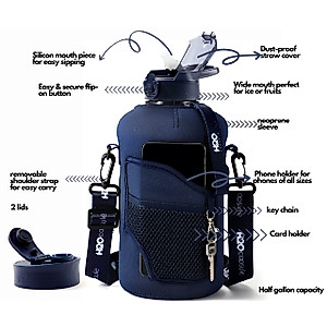 H2O Capsule 2.2L Half Gallon Water Bottle with Storage Sleeve and Removable Straw – BPA Free Large Reusable Drink Container with Handle - Big Sports Jug, 2.2 Liter (74 Ounce), Navy Blue
