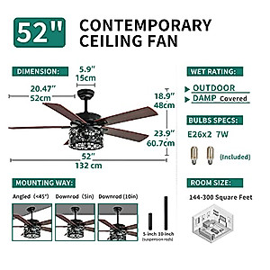 YITAHOME Ceiling Fans with Light and Wall Switch Remote, 52 Inch Modern Farmhouse Outdoor Fan with 2 Bulbs, Clear Crystal Glass, Quiet Reversible Motor, for Bedroom Patio Indoor, Black & Walnut