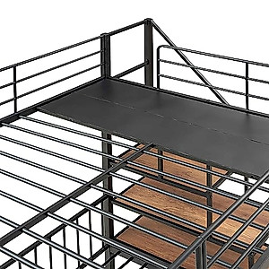 ATY L-Shaped Triple Bunk Beds with 2 Drawers, Full Over Twin & Twin Bunkbeds w/Storage Staircase, Metal Bedframe for 3 People, Save Space, Bedroom & Dorm Supplies, No Spring Required Needed, Black