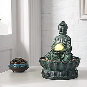 Haobos Indoor Tabletop Fountain Exquisite Sitting Buddha Fountains Meditation Desk Water Fountain Decorative Zen Fountain w/Glass Rolling Ball/LED/Stone Office and Home Decor 9.4" (21127A)