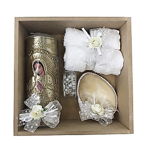 Baptism Candle Set in a Wooden Box with Towel, Catholic Baptism Kit,Candle, Rosary and Shell for Baby Boys and Girls. Handmade in Mexico Gift for Godparents. Holy Spirit Baptism Kit Kit de Bautizo.
