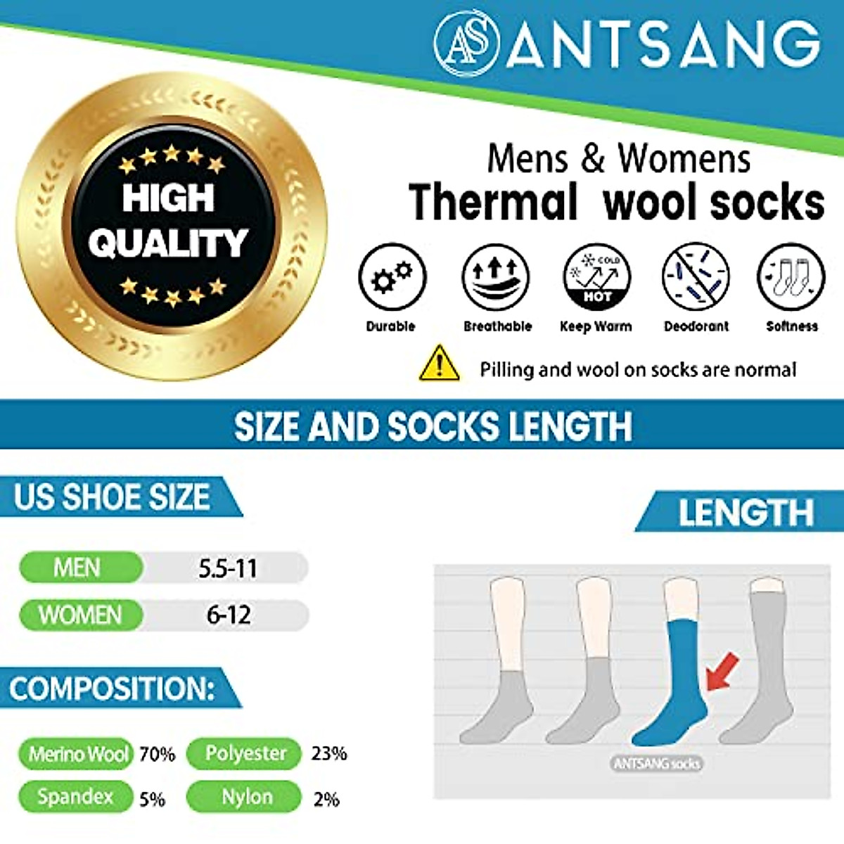 ANTSANG Merino Wool Socks for Men & Women Thermal Winter Hiking Warm Thick Crew Cozy Boot Work Gift Snowboarding Socks Stocking Stuffers 4 Pairs(Stripe-Black(4 Pairs))