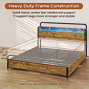 DICTAC Queen Bed Frame with Storage Headboard and Charging Station Metal Platform Bed Frame with Led Lights Queen Size Led Bed Frame with 4 Drawers,No Box Spring Needed, Noise-Free, Rustic Brown