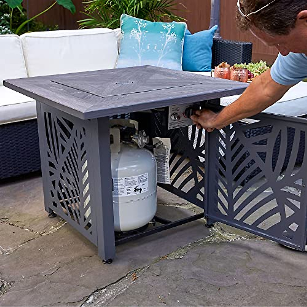 Endless Summer Lindsey 30 Inch Square Outdoor UV Printed 50,000 BTU LP Gas Fire Pit​ Patio Table with Faux Wood Mantel and Stamped Steel Base