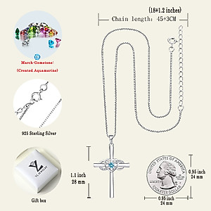 YL Women's Cross Necklace Sterling Silver Infinity Heart Crucifix Pendant Created Aquamarine Criss Jewelry