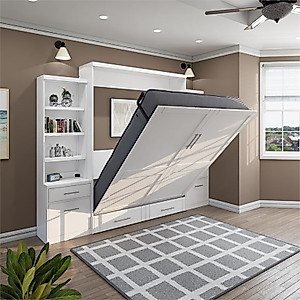RoomAndLoft Queen Size White Murphy Wall Bed in Solid Wood, with Storage and Shelves, No Box Spring Needed, Easy Assembly, Up to weight capacity