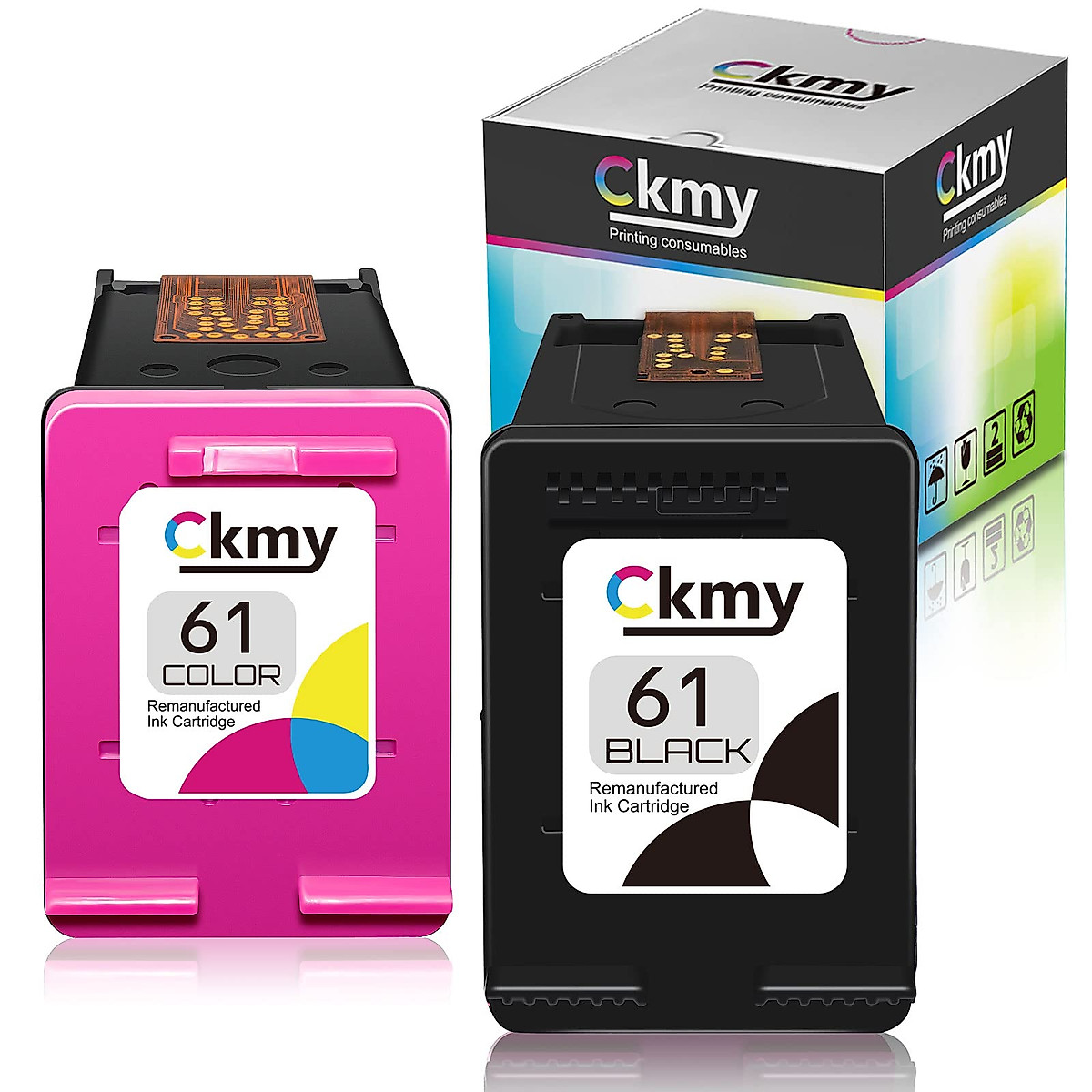 CKMY Remanufactured Printer Ink 61 Replacement for HP 61 Ink Cartridge Combo Pack for Envy 4500 4502 5530 OfficeJet 4630 2620 DeskJet 2512 1512 2542 2540 2544 3052a 3051a Printer (1 Black 1 Tri-Color)