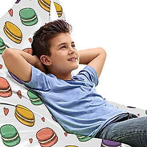 Ambesonne Food Lounger Chair Bag, Colorful Macarons Cookies Pattern Along Hearts Modern Confectionery Theme, High Capacity Storage with Handle Container, Lounger Size, Orange and Multicolor