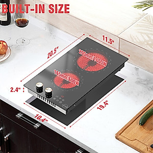 Plug-in 2 Burner Electric Cooktop, 120v Knob Electric Stove Top, 12 Inch Built-in Radiant Electric Stove 110v, Electrics Ceramic Cooktop with Child Safety Lock, Timer, Over-Temperature Protection