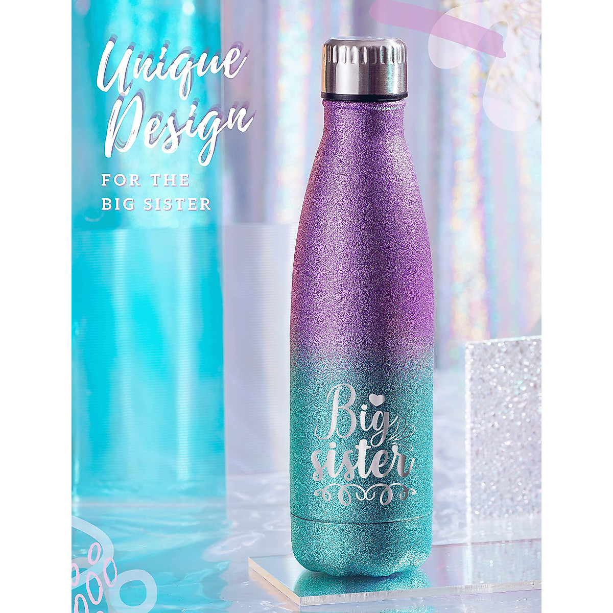 Onebttl Big Sister Gifts for daughter, Insulated Stainless Steel Water Bottle, For Big Sis on Birthday/Pregnancy announcement, 17 oz, Violet-Blue Gradient Glitter