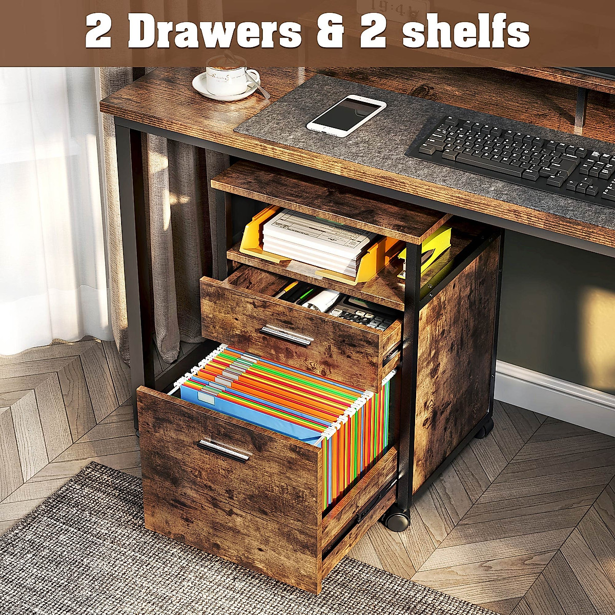 TC-HOMENY Mobile File Cabinet on Wheels Office Cabinet with 2 Drawers, Wood Filing Cabinet fits A4 or Letter Size for Home Office, Rustic Brown