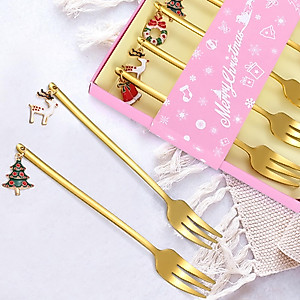 A · HOUSEWARE Dessert Forks Gold Christmas Silverware Set Stainless Steel Flatware Small 6 Pieces Appetizer Utensils With Xmas Charms Handle for Festival Parties and Everyday Use