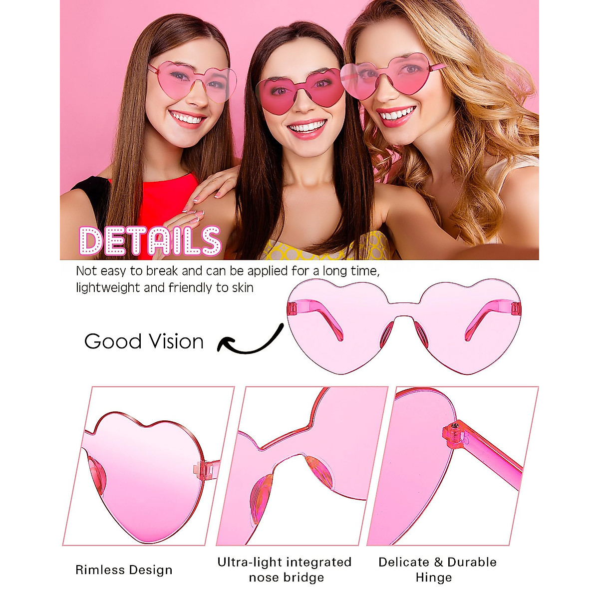 Frienda 8 Pairs Heart Shaped Sunglasses for Women Rimless Heart Glasses Candy Color Sunglasses for Party Favor(Rose Red, Pink)