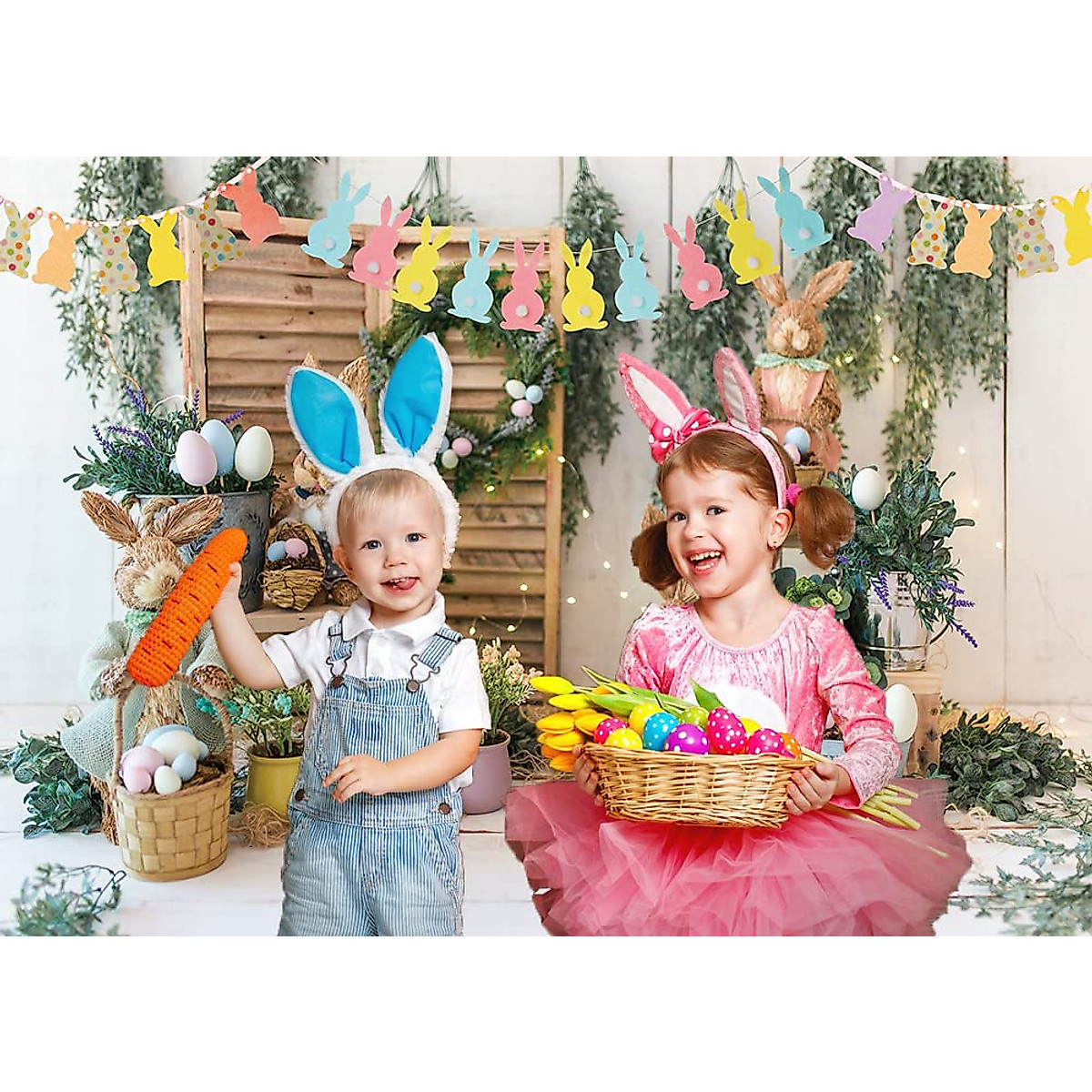 Easter Backdrop Rabbits Colorful Eggs Photography Background Spring Rustic Flower Stand Bunting Baby Shower Children Party Decoration Banner Photos Booth